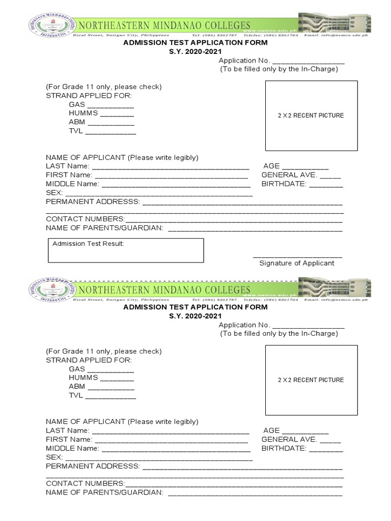 Admission Test Application Form S.Y. 2020-2021: 2 X 2 Recent Picture | PDF
