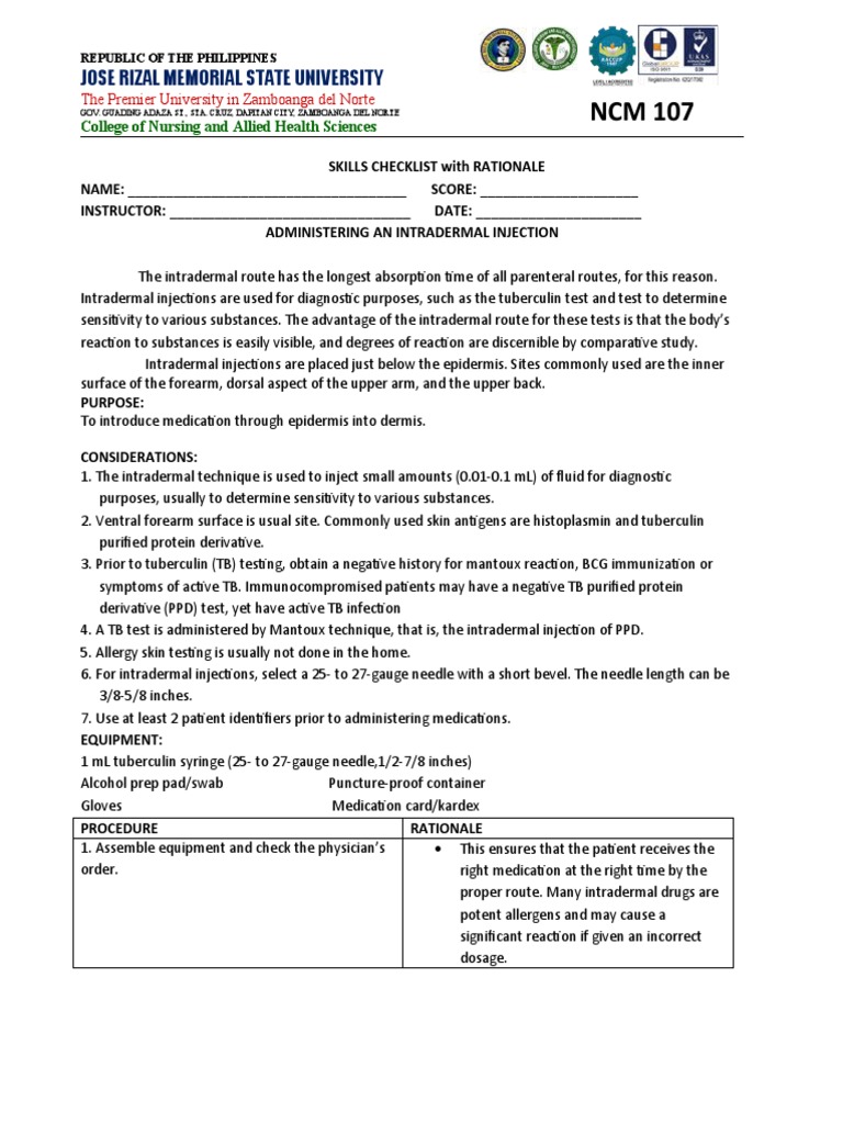 Administering an Intradermal Injection: Skills Checklist and Rationale ...