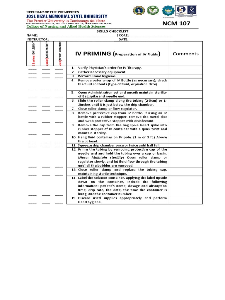 JRSMU Nursing Skills Checklist | PDF | Intravenous Therapy | Clinical ...