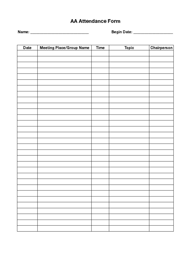 AA Attendance Form: Name: - Begin Date | PDF | Business