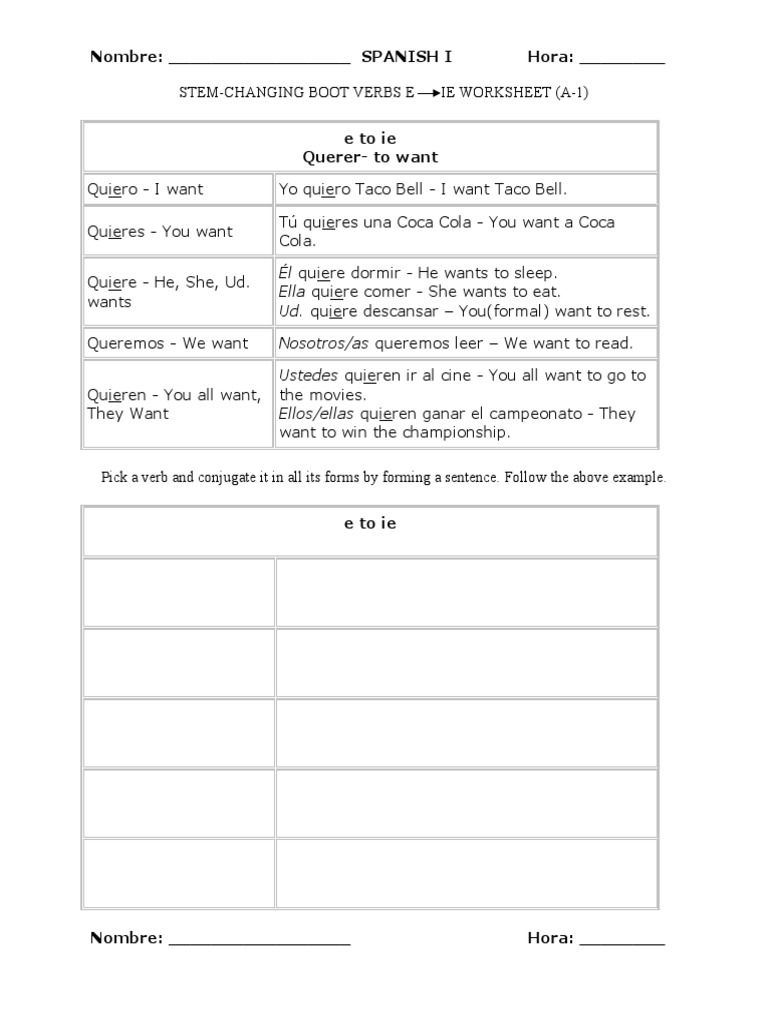 Stem-Changing Verbs E-Ie O-Ue Worksheet | PDF