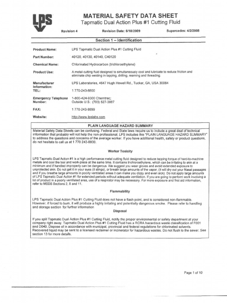 Material Safety Data Sheet Tapmatic Dual Action Plus #1 Cutting Fluid | Download Free PDF ...