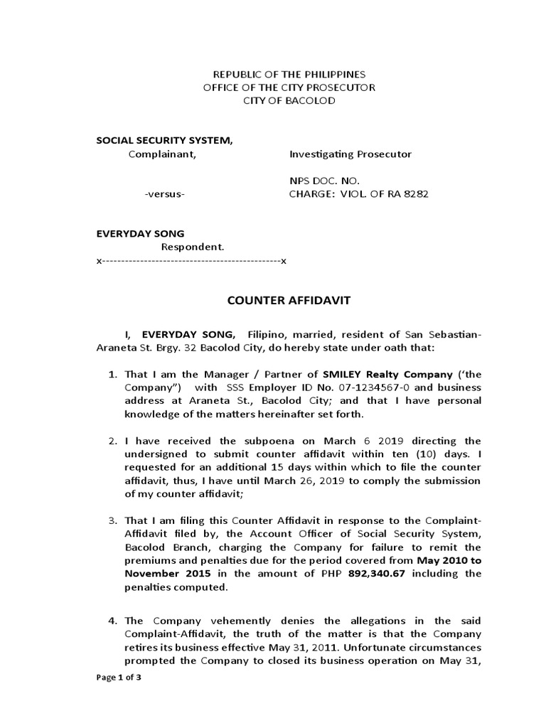 Social Security System,: Counter Affidavit | PDF | Public Law | Common Law