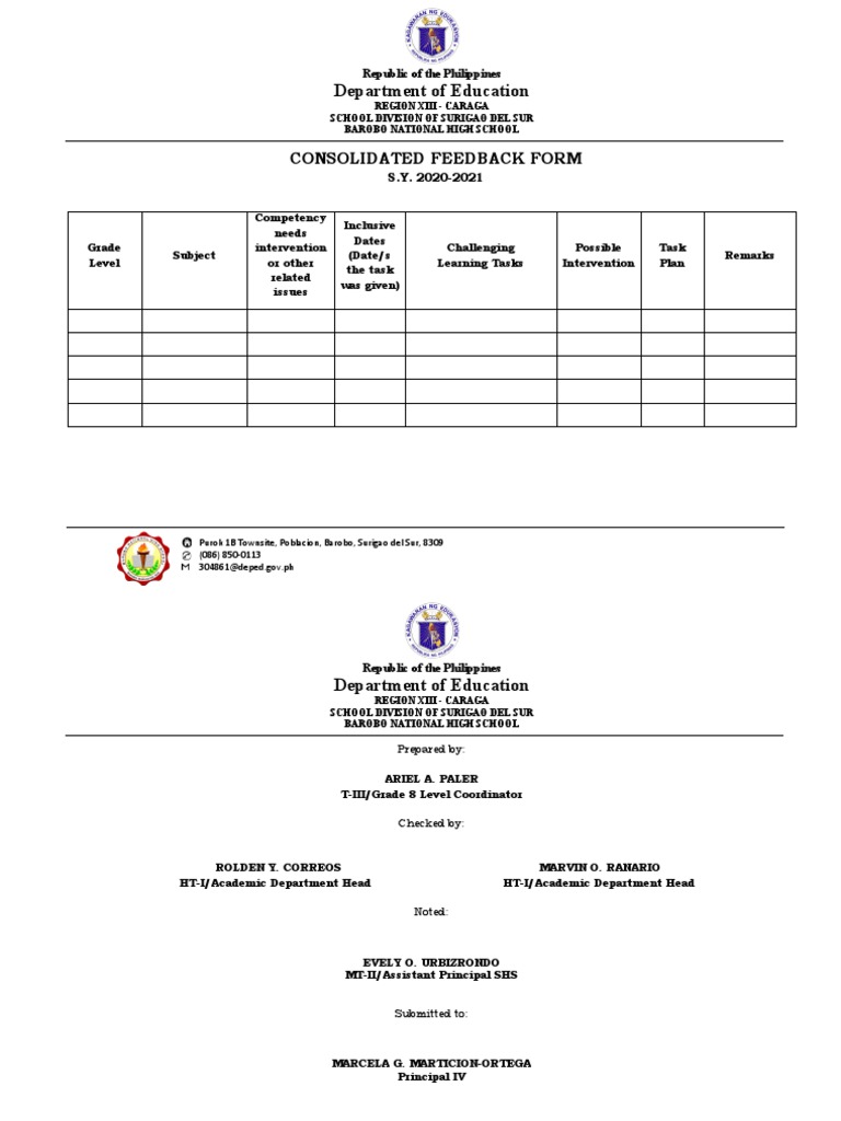 Department of Education: Consolidated Feedback Form | PDF | Philippines ...