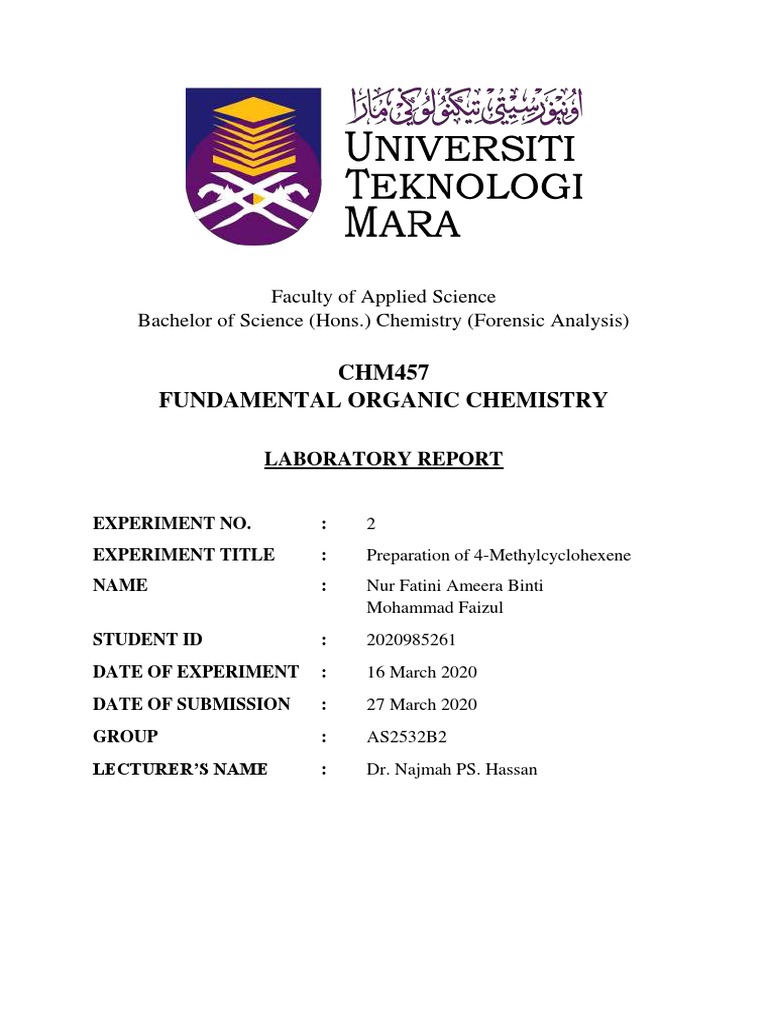 Lab Report Experiment 2 CHM457 | PDF | Alkene | Chemical Reactions