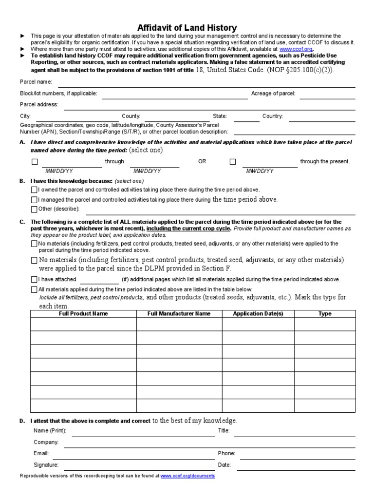 Sample Land Use Affidavit | Fertiliser | Business