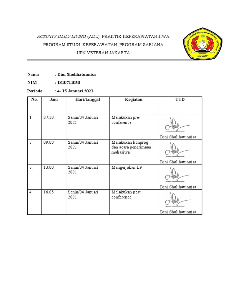 ADL Keperawatan Jiwa UPN | PDF