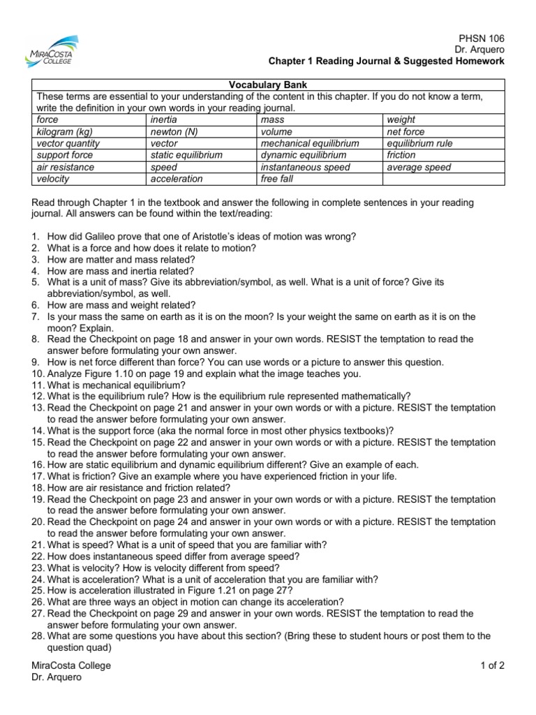 PHSN 106 Chapter 1 Reading Journal | PDF | Force | Weight