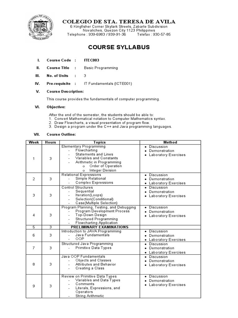 Itec003 Basic Programming Bsit Pdf Method Computer Programming Class Computer 