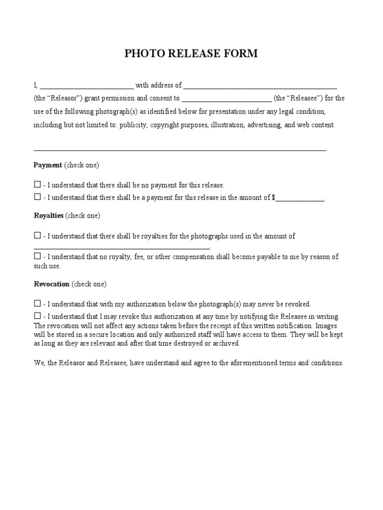 Photo Release Form: (Signature) (Date) (Releasor Name) | PDF