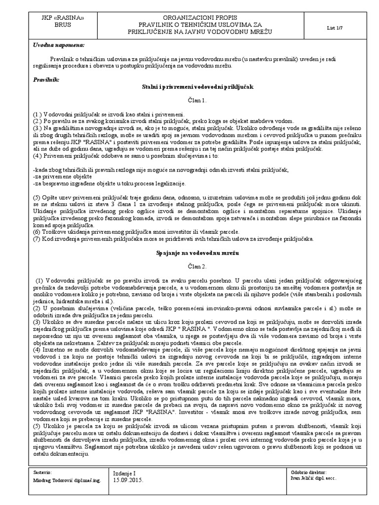 Organizacioni Propis Za Priključak Na V | PDF