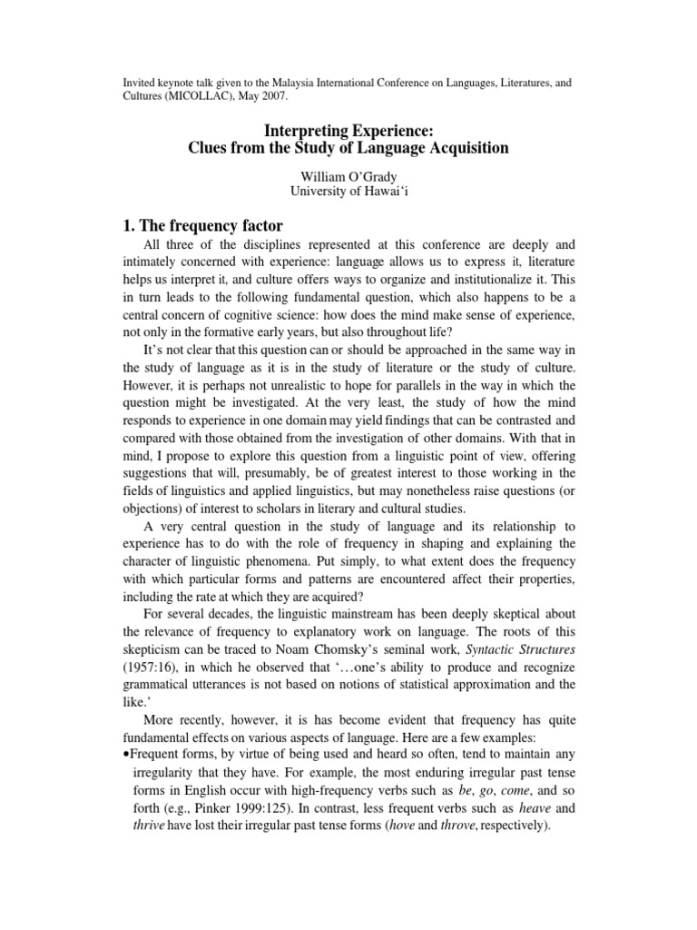 Interpreting Experience: Clues From The Study of Language Acquisition ...