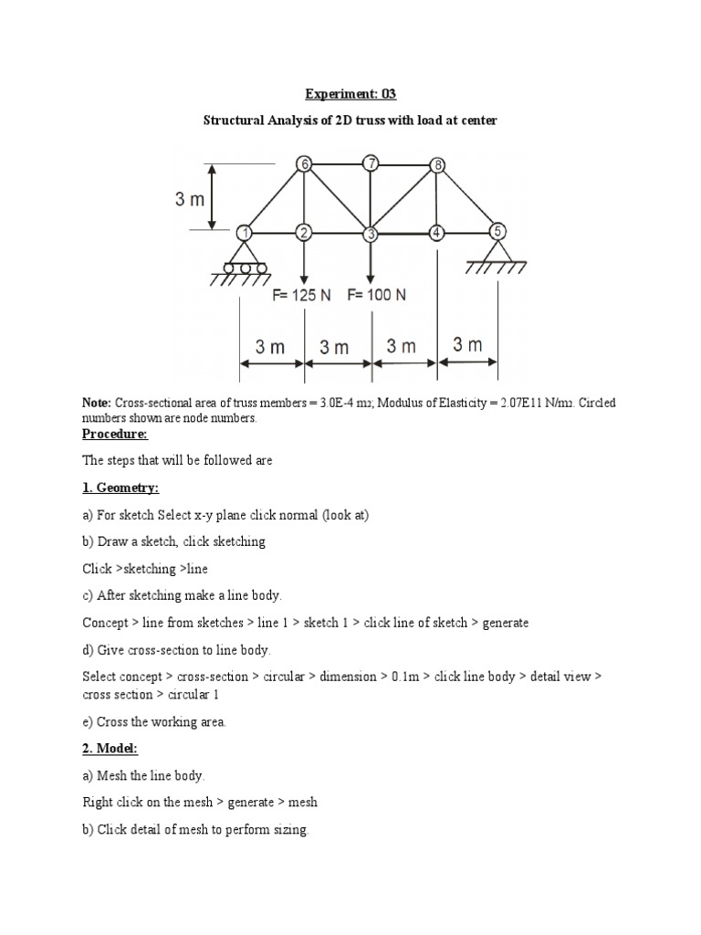 Structural analysis of 2D truss with center load | PDF