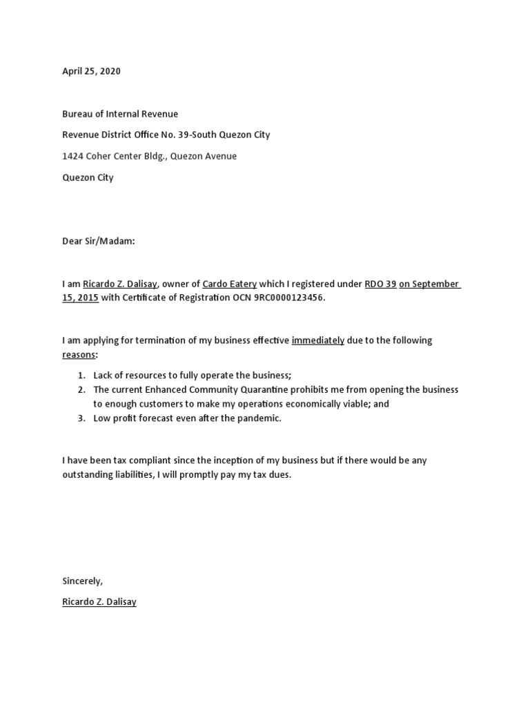 BIR Letter Request For Cessation of Business | PDF