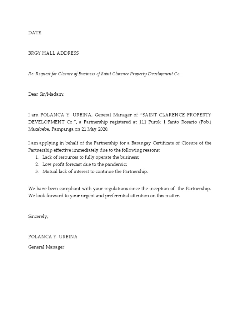 LGU Letter Request For Cessation of Business | PDF