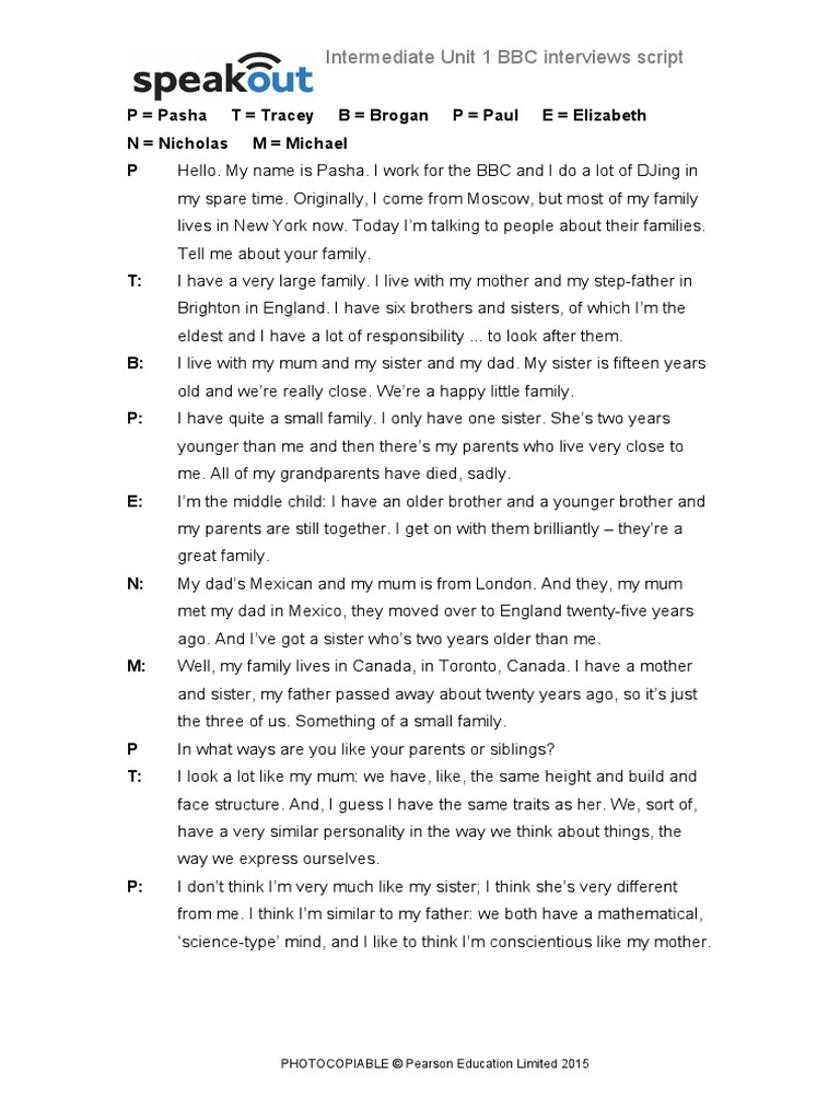 Intermediate Unit 1 BBC Interviews Script | PDF | Family | Society
