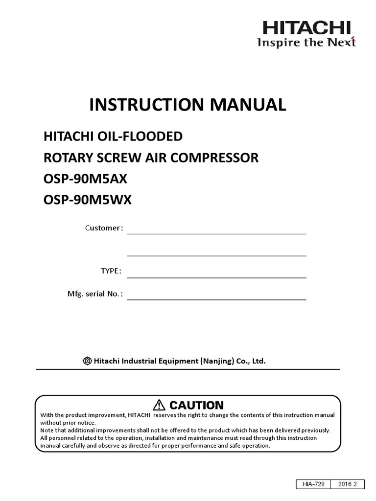Instruction Manual: Hitachi Oil-Flooded Rotary Screw Air Compressor OSP ...
