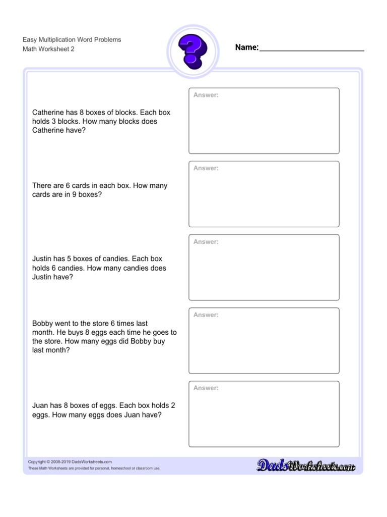 Easy Multiplication Word Problems Math Worksheet 2: Answer | PDF