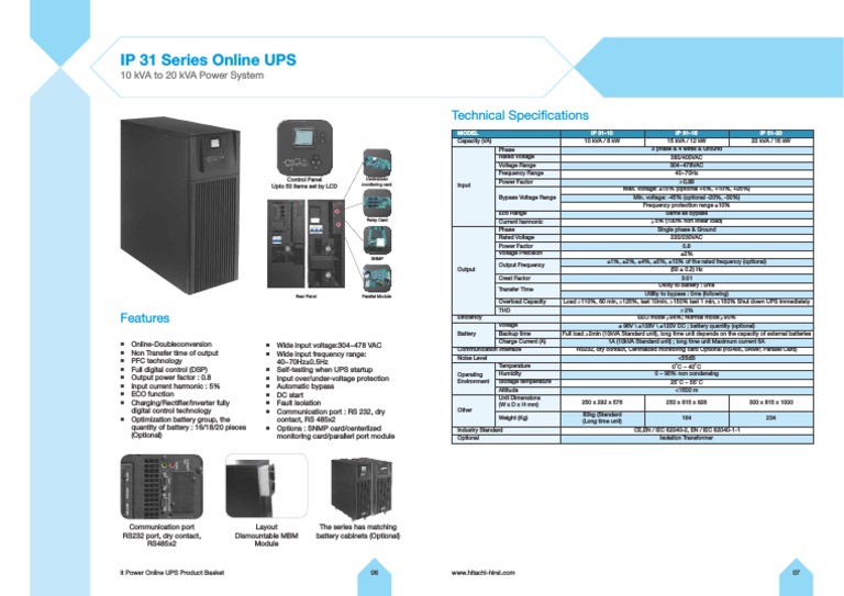 IP 31 Series Online UPS: Technical Specifications | PDF | Electrical Engineering | Electricity