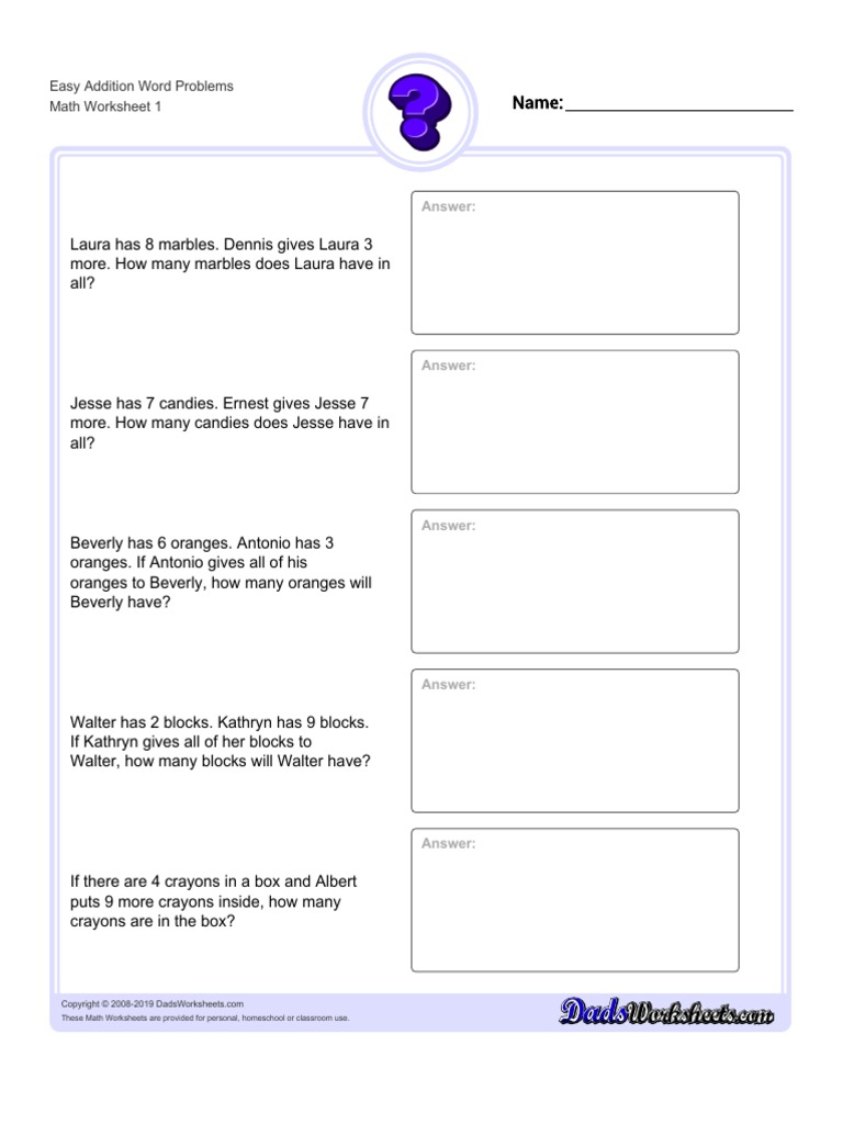 Easy Addition Word Problems Math Worksheet 1: Answer | PDF