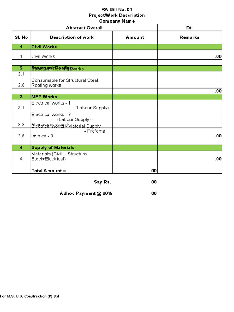 RA Bill No. 01 Project Work and Cost Summary | PDF