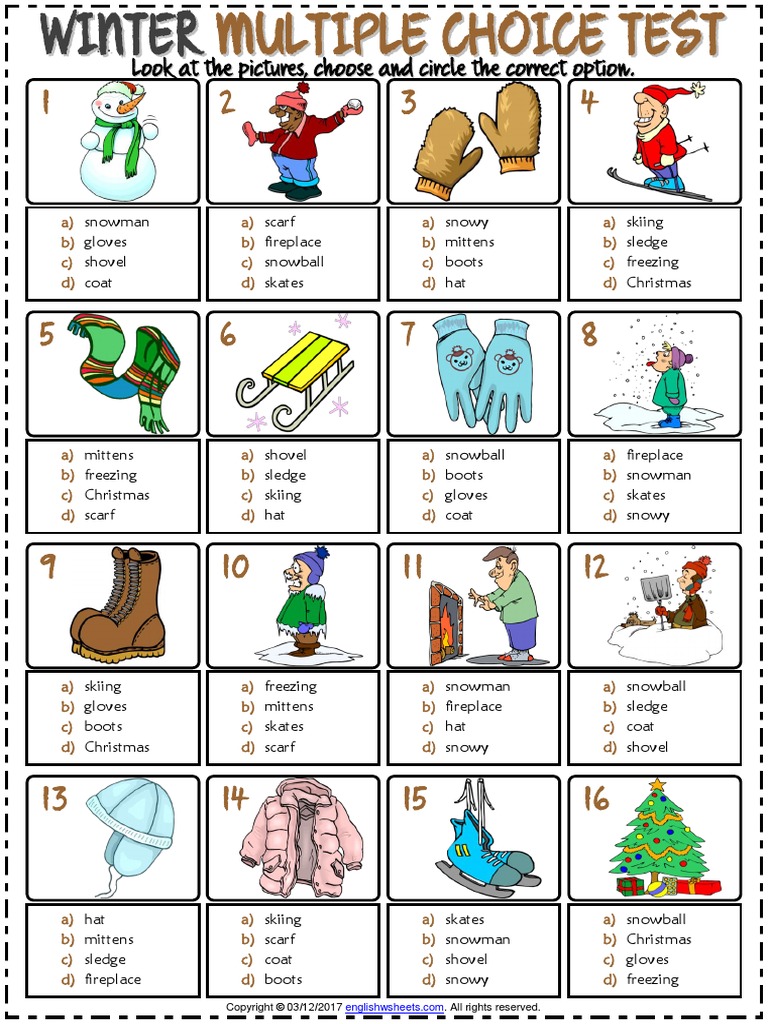 Winter Vocabulary Esl Multiple Choice Test For Kids | PDF | Winter | Snow