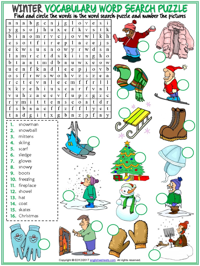 Winter Vocabulary Esl Word Search Puzzle Worksheet For Kids PDF | PDF