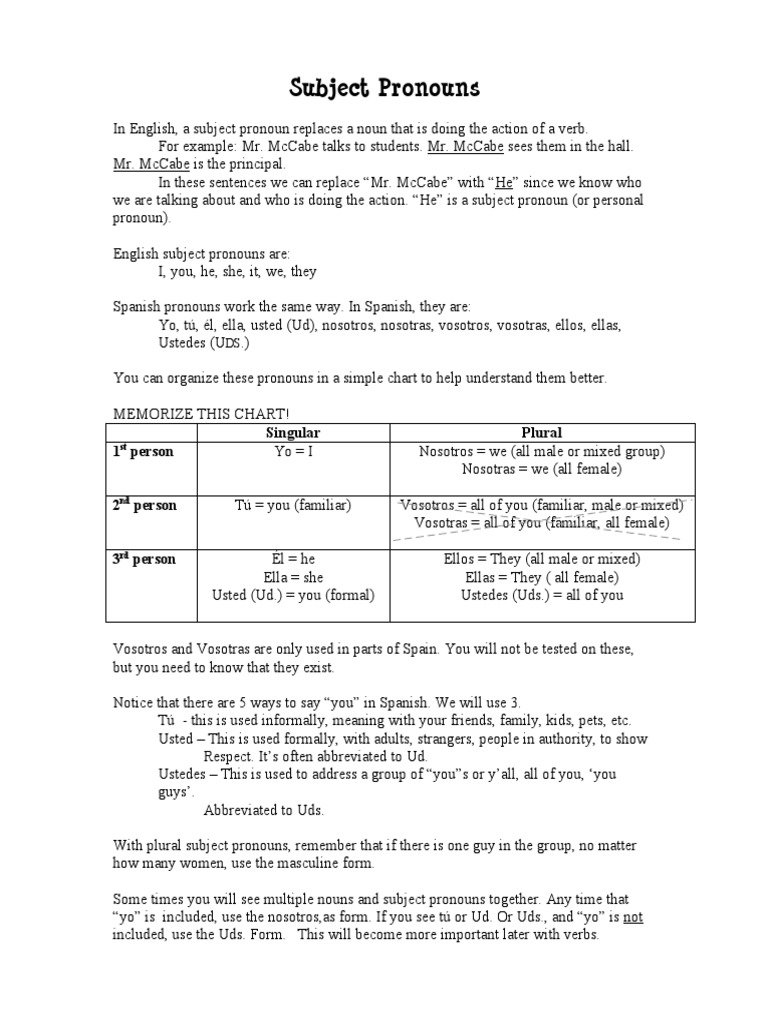 Subject Pronouns Notes | PDF | Languages | Language Arts & Discipline