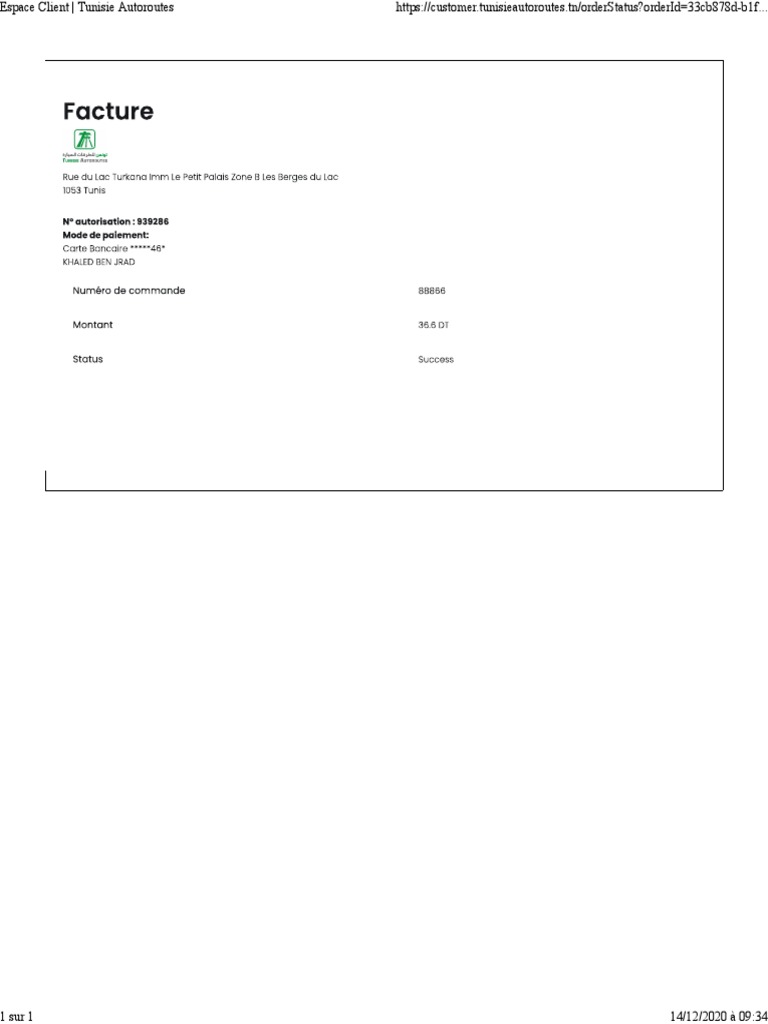 Facture Tunisie Autoroute PDF | PDF