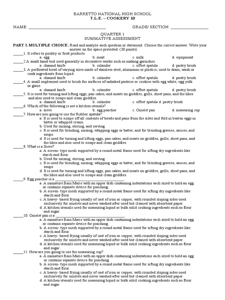 Cookery Exam - Grade 10 | PDF | Starch | Pasta