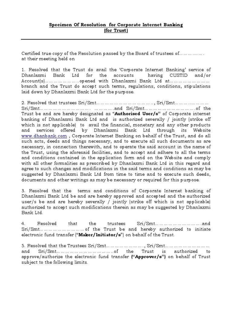 Specimen of Resolution For Corporate Internet Banking (For Trust) | PDF ...