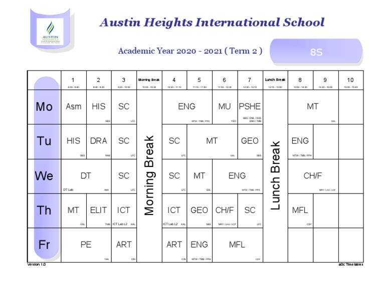 Austin Heights School Timetable 2020-21 | PDF