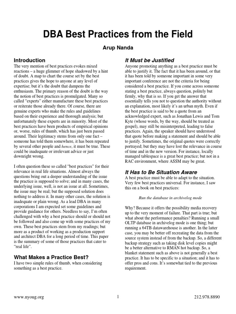 DBA Best Practices From The Field: Arup Nanda | PDF | Backup | Databases DBA Best Practices From The Field: Arup Nanda | PDF | Backup | Databases