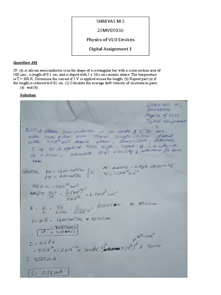 Shreyas M S 20MVD0136 Physics of VLSI Devices Digital Assignment 1 | PDF