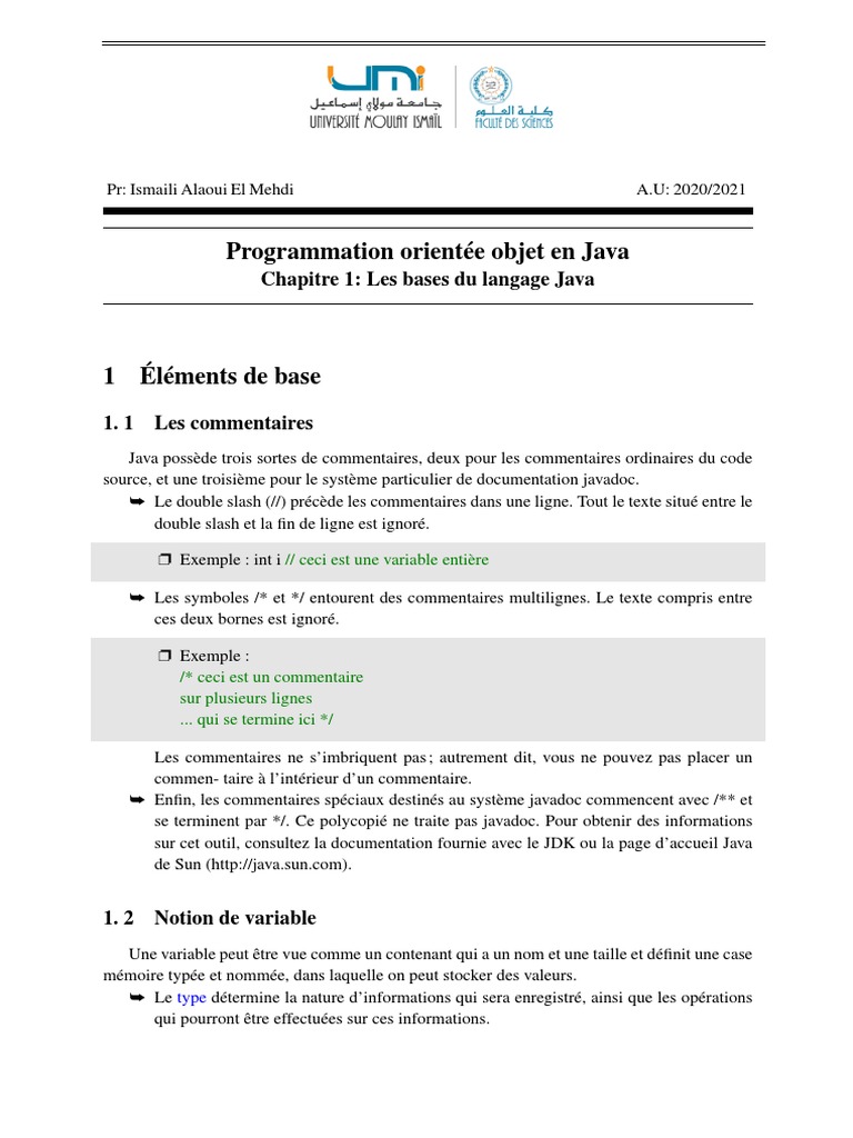 Chapitre1 Les Bases Du Langage Java | PDF | Booléen | Java (Langage de programmation)