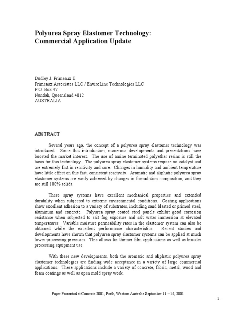 Polyurea Spray Elastomer Technology Applications Update 2001 PDF | PDF | Epoxy | Concrete