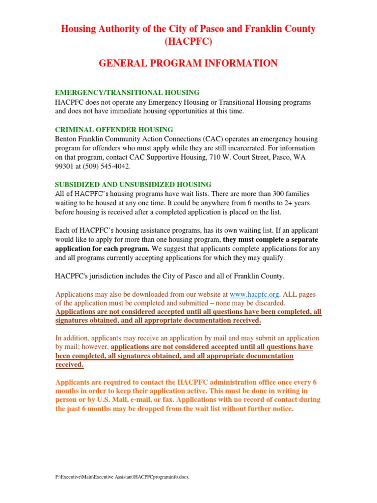 Housing Authority of The City of Pasco and Franklin County (Hacpfc) General Program Information ...