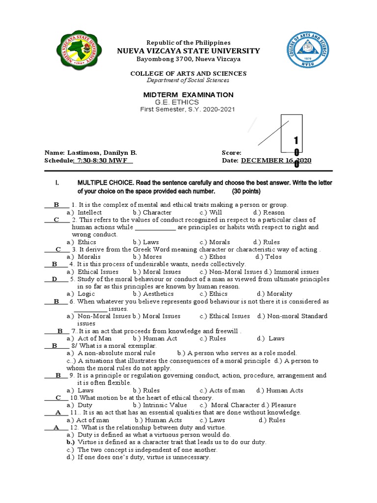 MIDTERM-EXAM-IN-GE-ETHICS Lannu | PDF | Morality | Virtue
