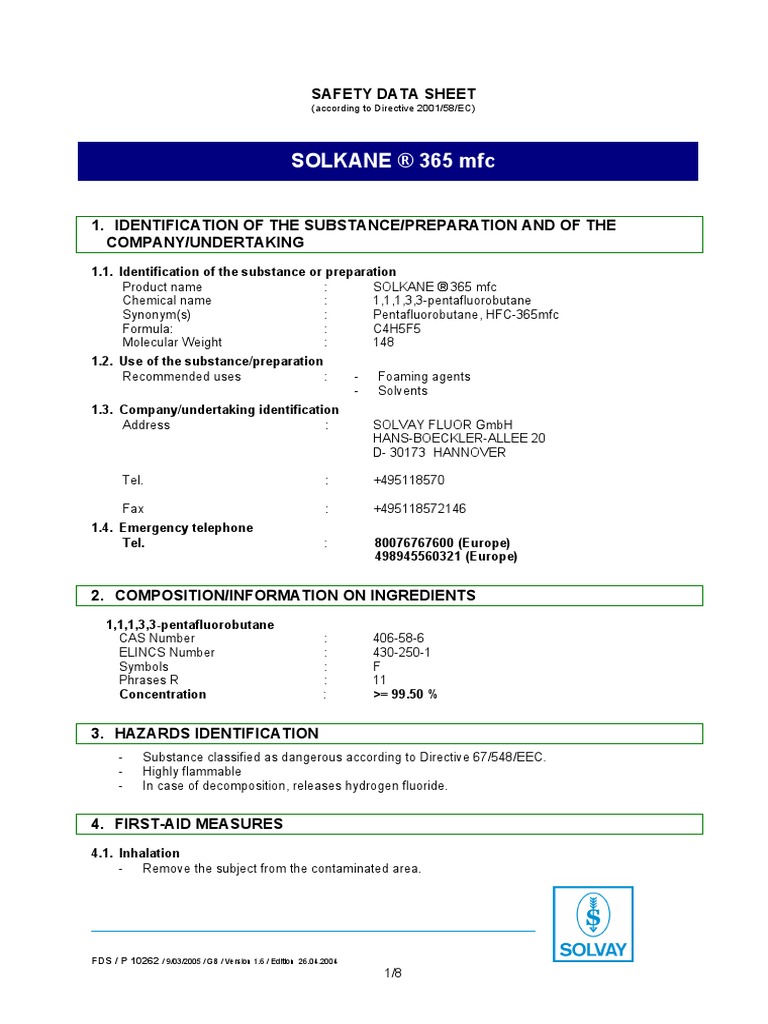 SOLKANE ® 365 MFC: Safety Data Sheet | PDF | Electrostatic Discharge ...