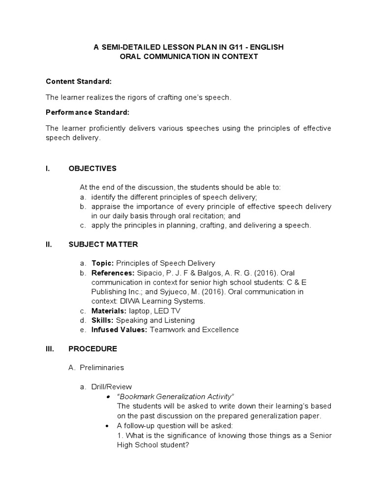 G11 Oral Communication Lesson Plan | PDF | Gesture | Speech
