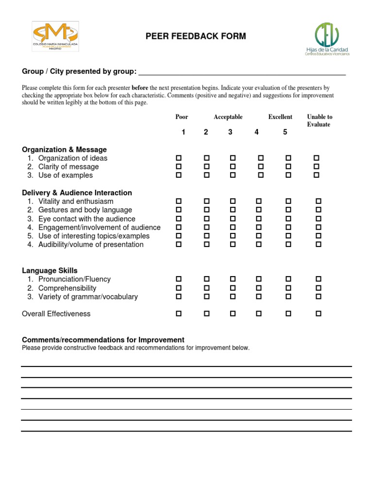 Group Peer Presentation Feedback Form PDF | PDF | Body Language ...