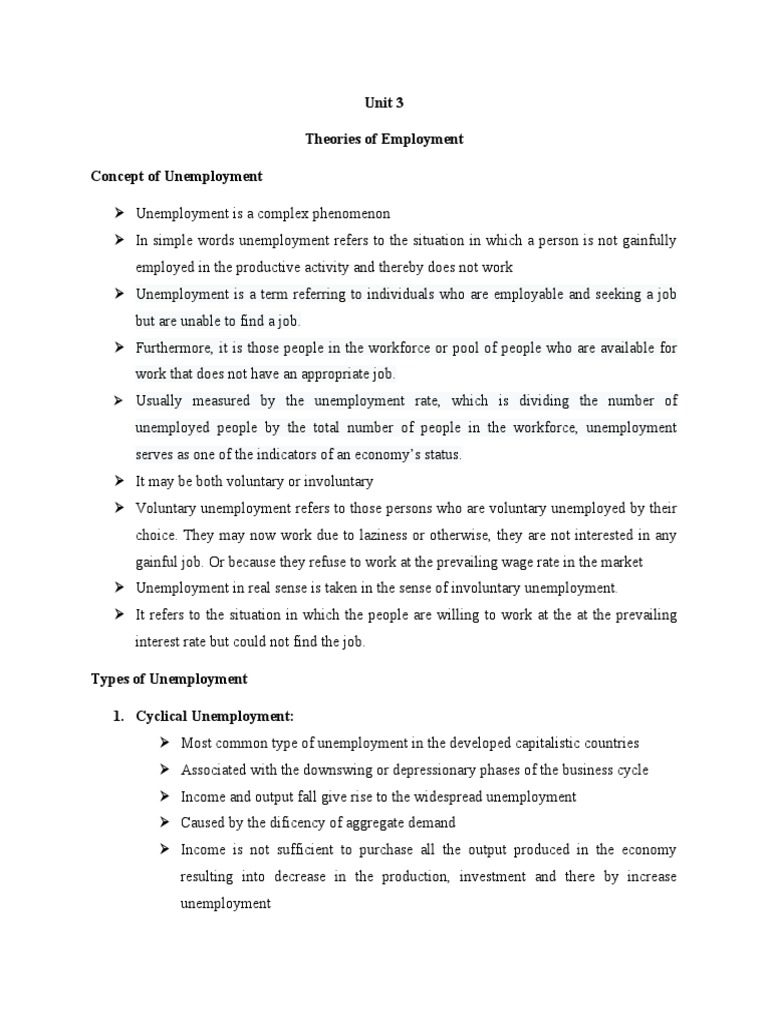 Unit 3 Theories of Employment Concept of Unemployment | PDF ...