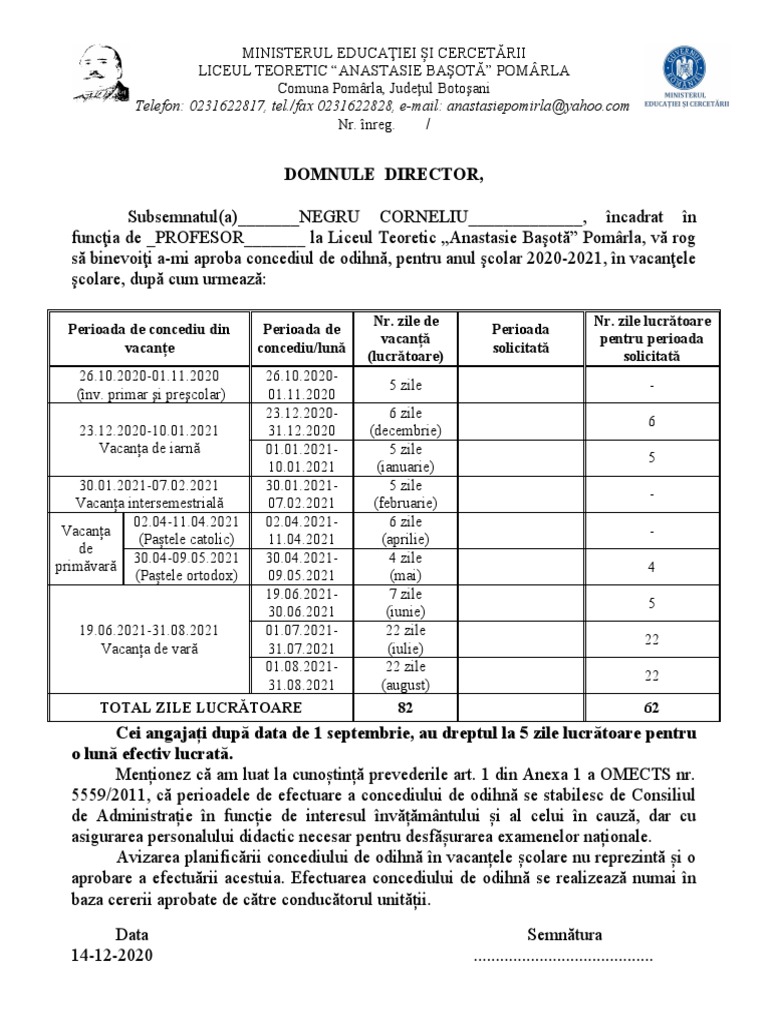 Cerere Concediu de Odihna 2020 2021 Model | PDF