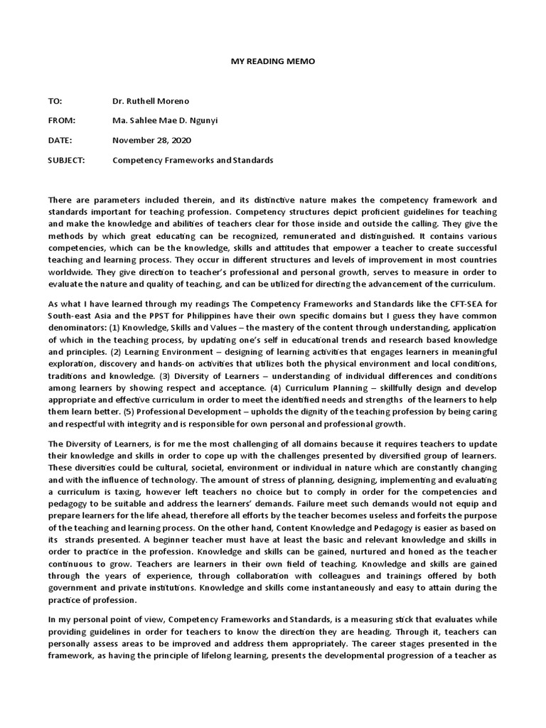 My Reading Memo | PDF | Teachers | Competence (Human Resources)