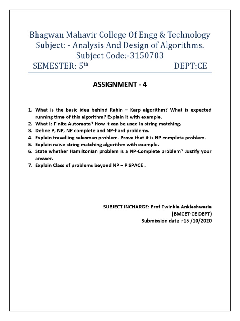 Bhagwan Mahavir College of Engg & Technology Subject: - Analysis and Design of Algorithms ...