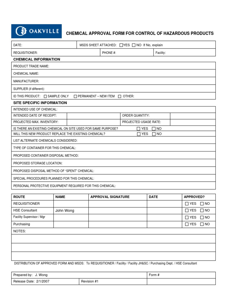 Chemical Approval Form For Control of Hazardous Products | PDF