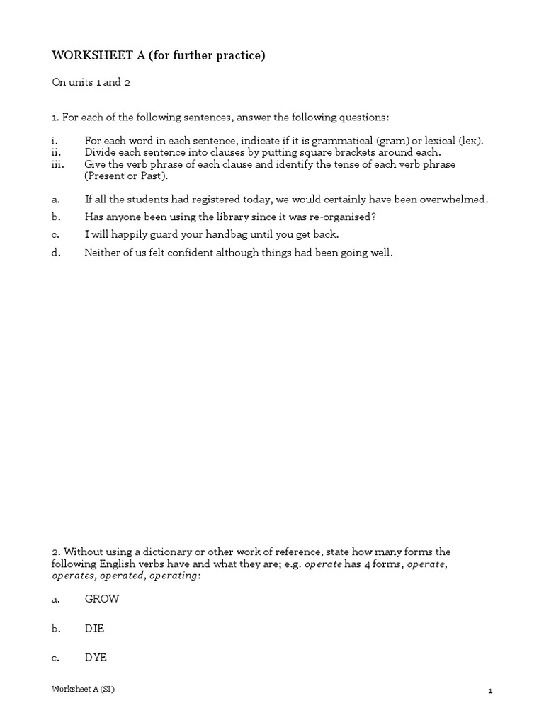 WORKSHEET A (For Further Practice) : Operates, Operated, Operating ...