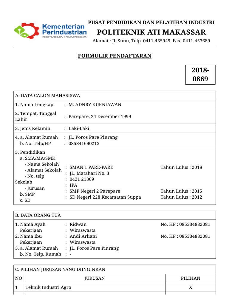 Sisformik - Atim.ac - Id PMB Cetak PMB Formulir - PHP Id 875 | PDF