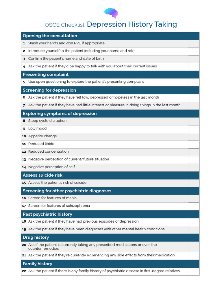 Depression History Taking OSCE Checklist | PDF | Self-Improvement ...