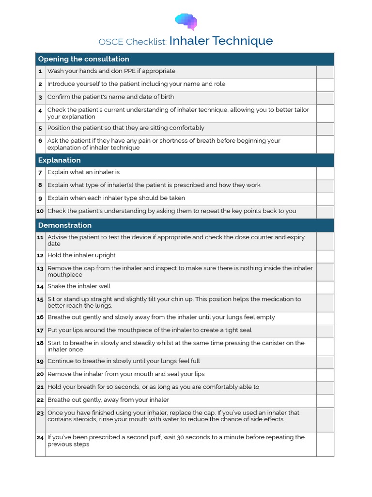 Inhaler Technique: OSCE Checklist | PDF | Health Sciences | Medical Specialties